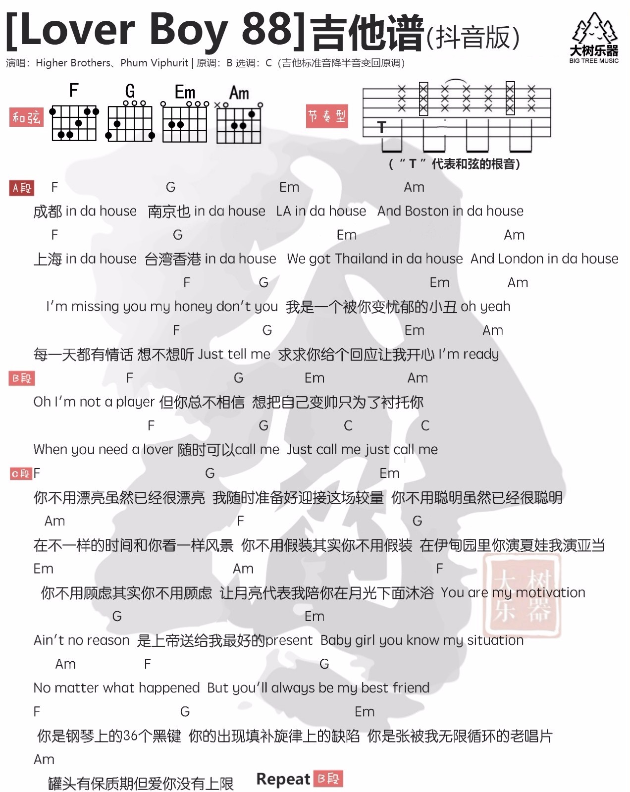 Lover Boy 88吉他谱,原版Higher Brothers歌曲,简单C调指弹曲谱,高清六线乐谱 - 极网吉它谱大全